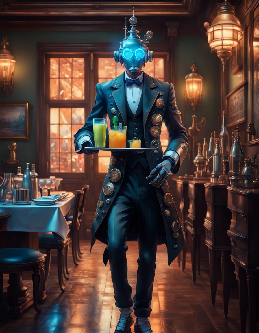 Full body shot of a neon steampunk robot butler wearing a butler outfit ...