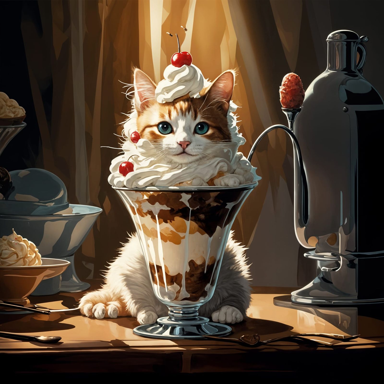 Kitten sundae - Cute Cat Sundae in a Retro Ice Cream Parlor