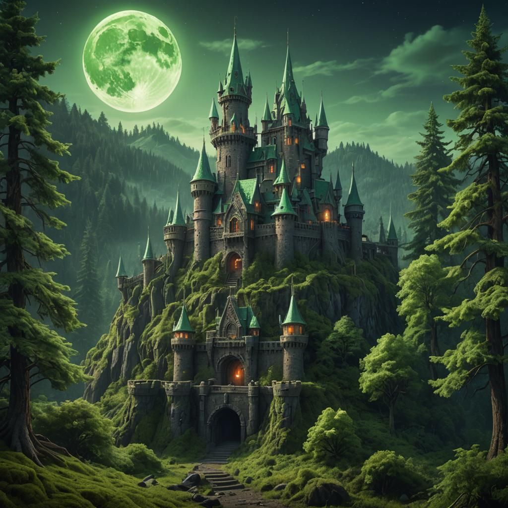 Digital castle in Oregon forest under full round green moon - AI ...