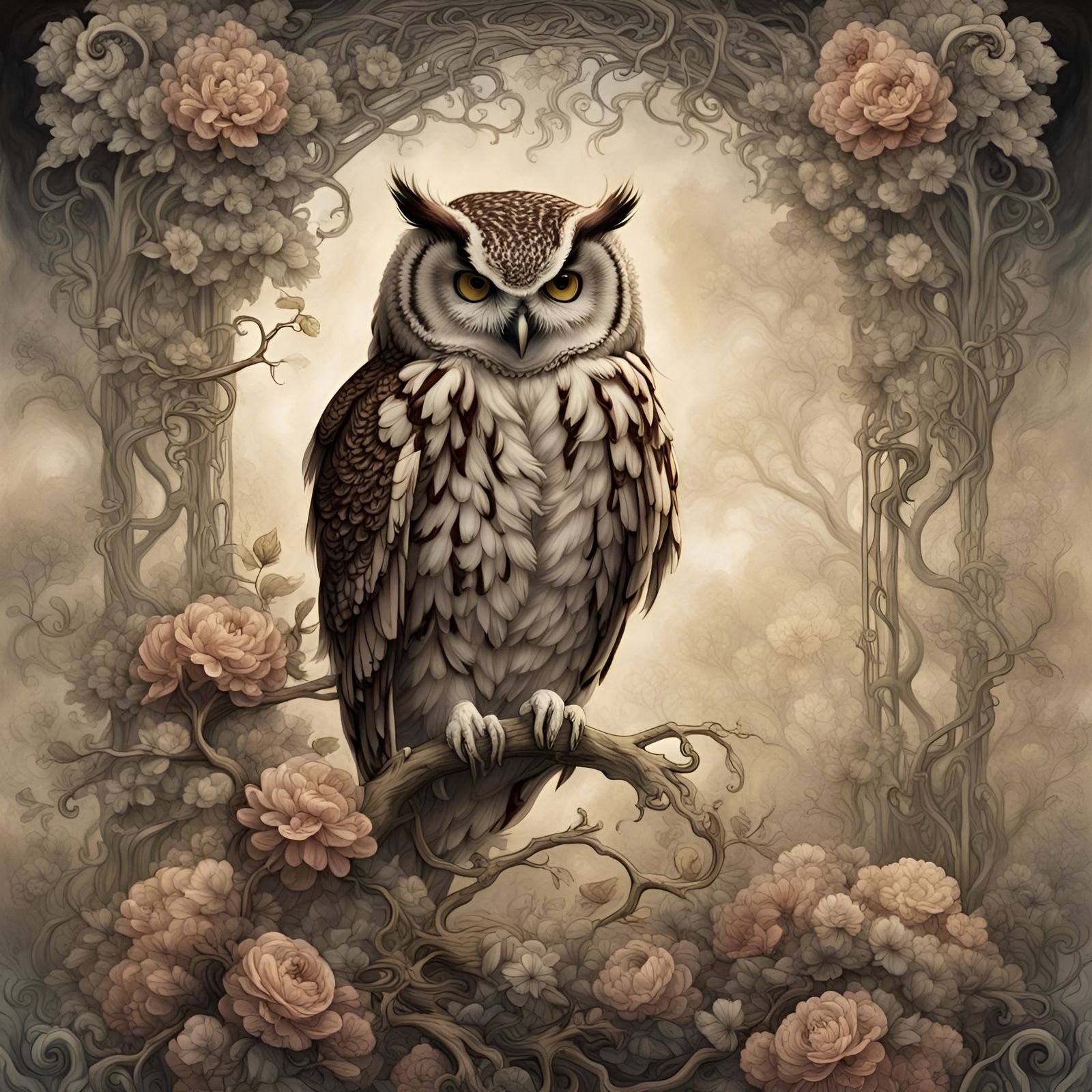 Arthur Rackham art style painting of a owl sitting on a ghostly lacey ...