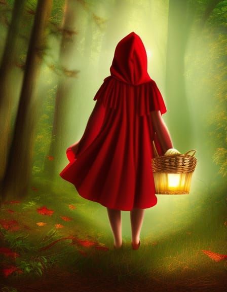 little red riding hood scared in the middle of a dark forest,holding a ...