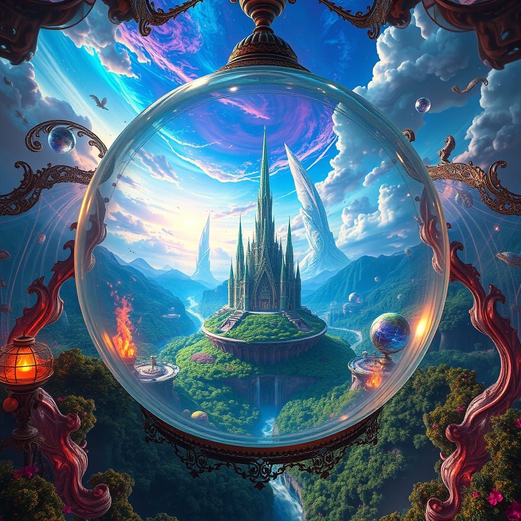 Dreamlike World Inside Crystal Glass Dome in Ether... - AI Art