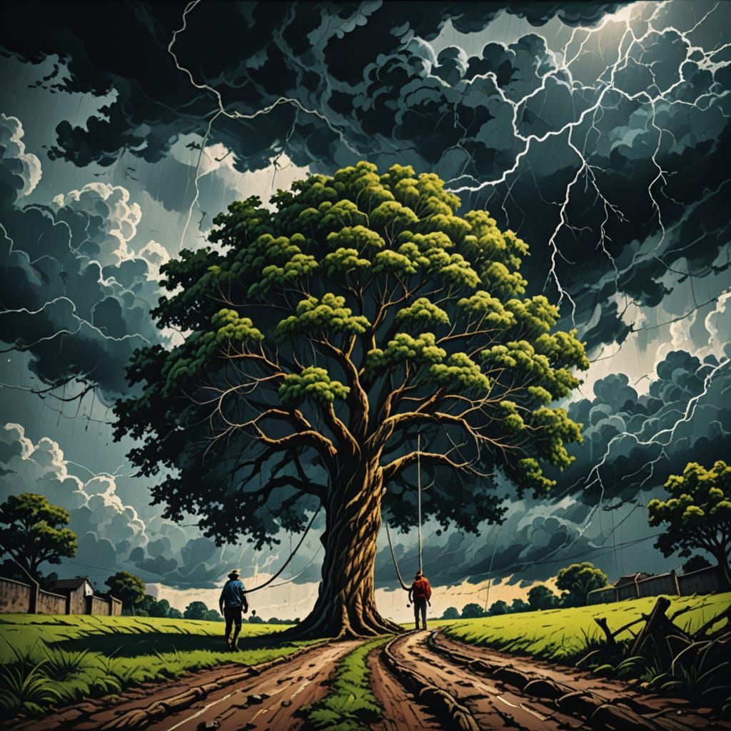 stormy tree - Man Approaches Tree in Turbulent Stormy Skies