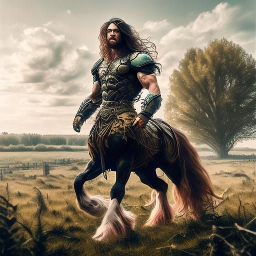Centaur warrior, in a field, wearing a (white shirt)! long hair. HDR ...