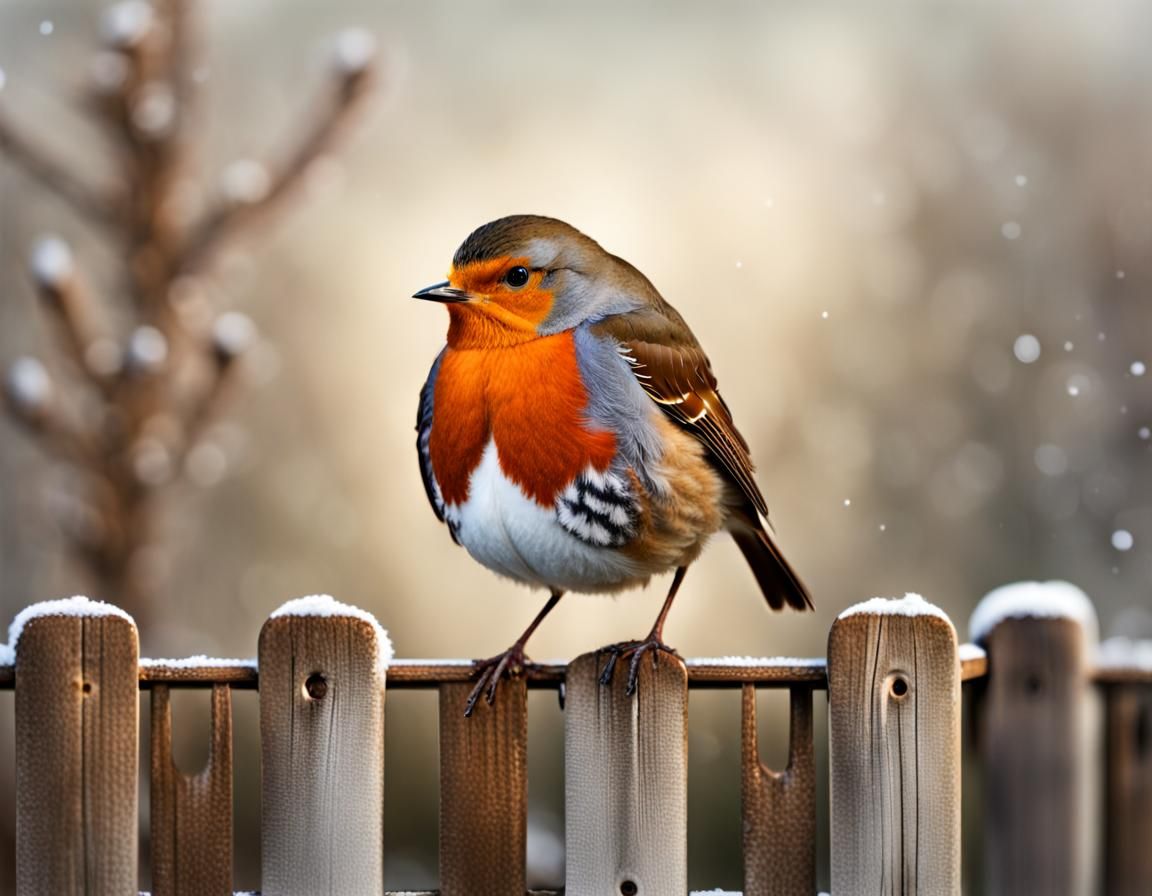 Robin redbreast bird wearing a warm jacket, sitting on a wooden fence - AI Generated Artwork ...