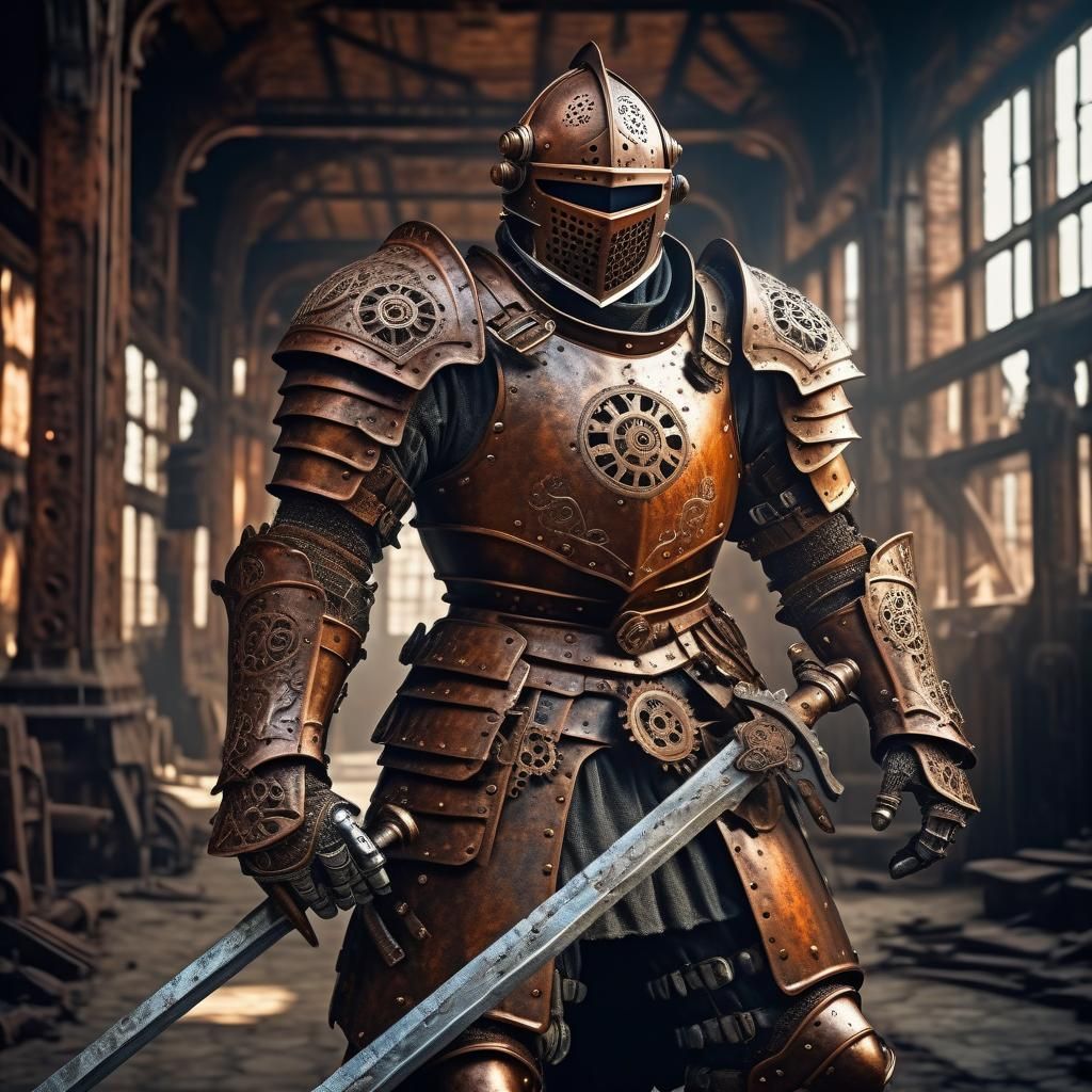 steampunk knight in rusted armor, gears, dynamic pose, dutch angle, a ...