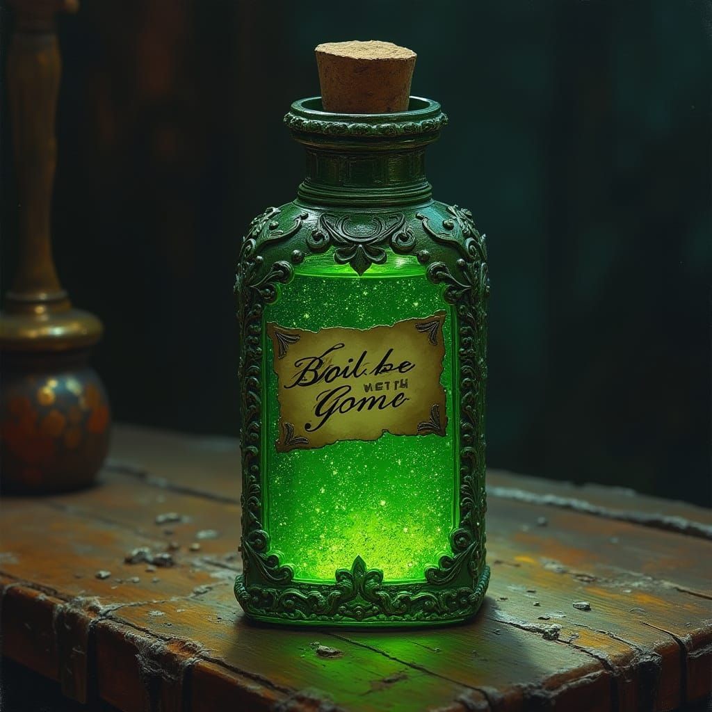 close up of a magical tall vial filled with sparkling glittering magic ...