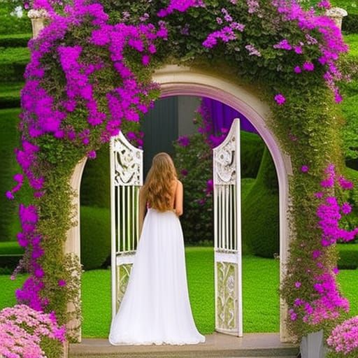 A golden arched gate leads into a garden full of purple and red flowers ...