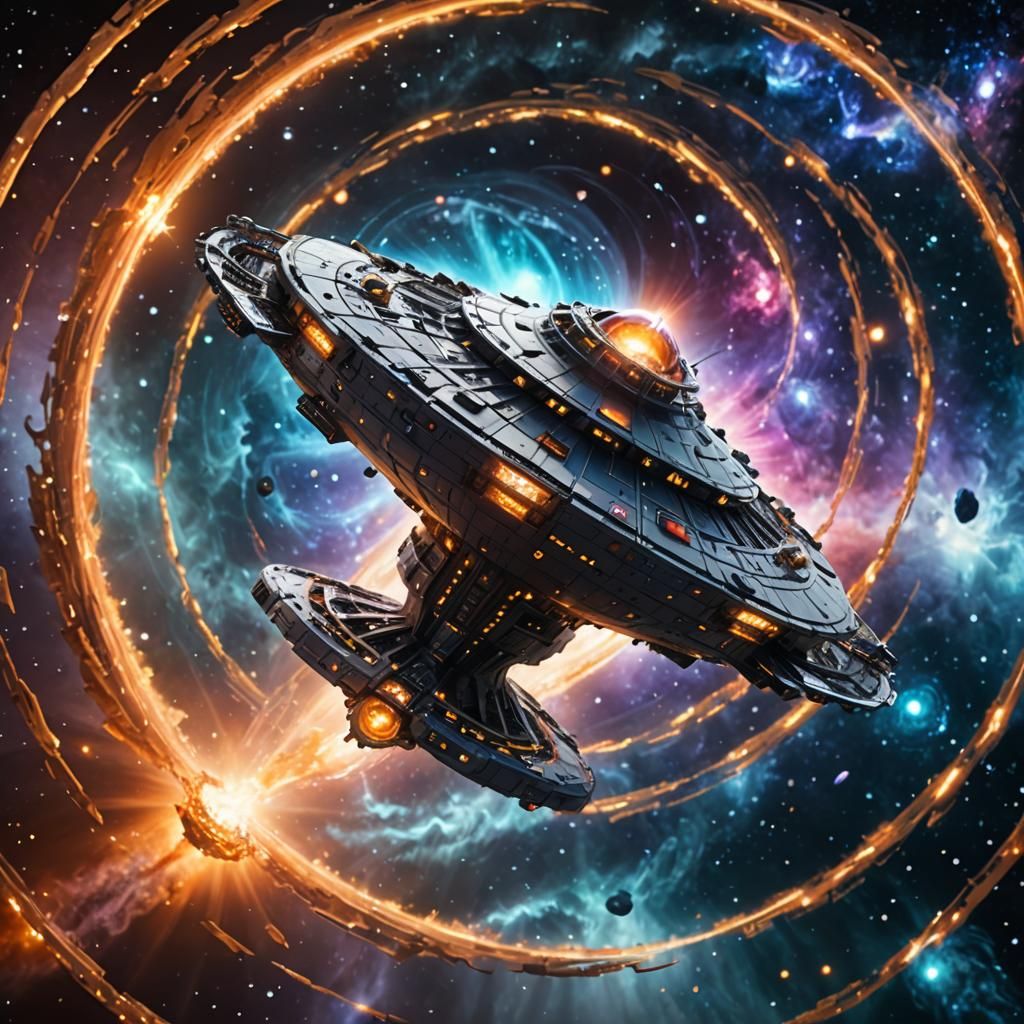 Starship hovering over intergalactic spacetime vortex - AI Generated ...