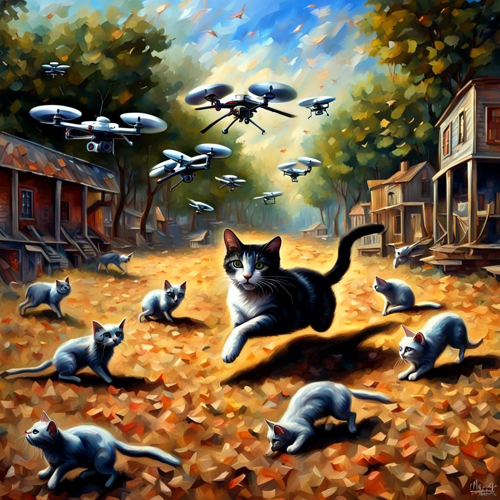 Shrews in flying drones firing darts on cats on the ground, cats ...