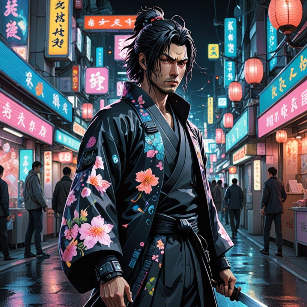Cyberpunk Samurai in Osaka with Holographic Koi - AI Art