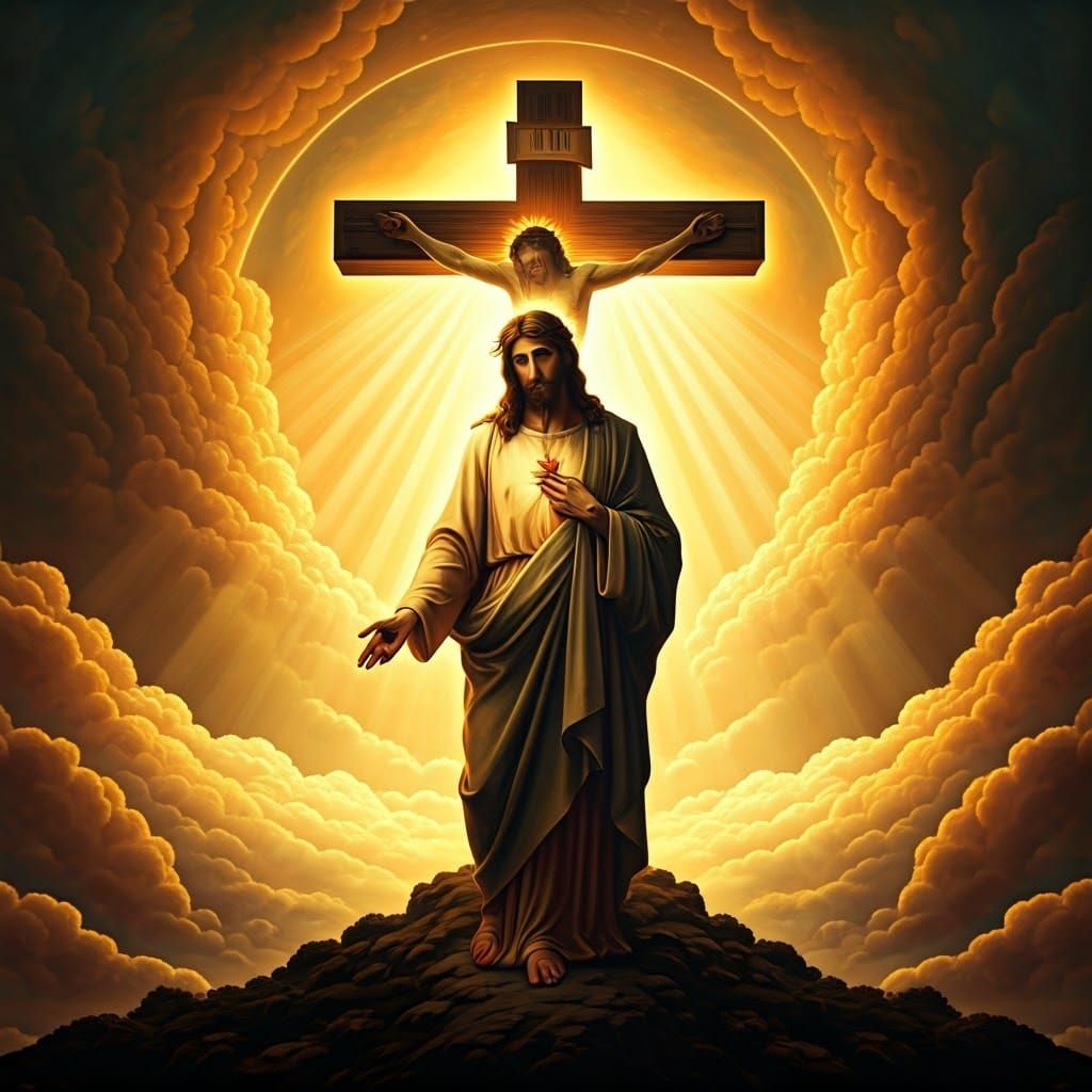 Majestic Jesus Christ before Glowing Ethereal Cros... - AI Art