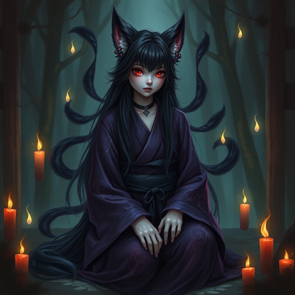Semi-Realistic Shadow Kitsune Spirit in Dark Digit... - AI Art
