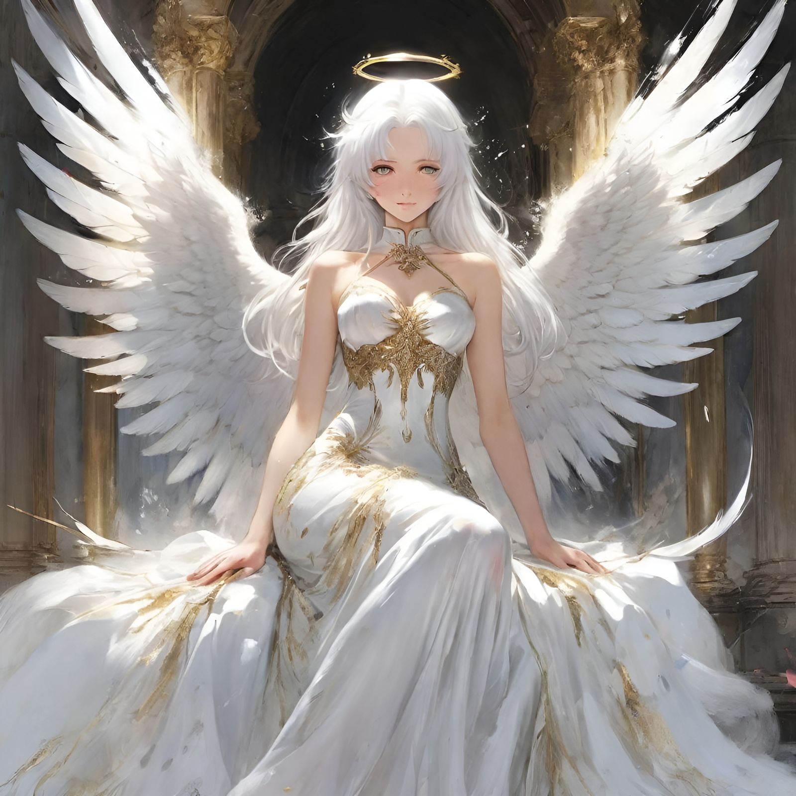white hair anime angel (white wings):elaborate gown: head and shoulders ...