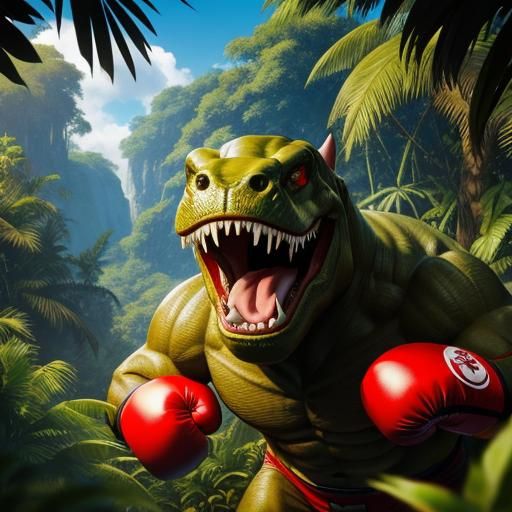 Portrait of a muscular happy smiling T-Rex wearing boxing gloves in the ...