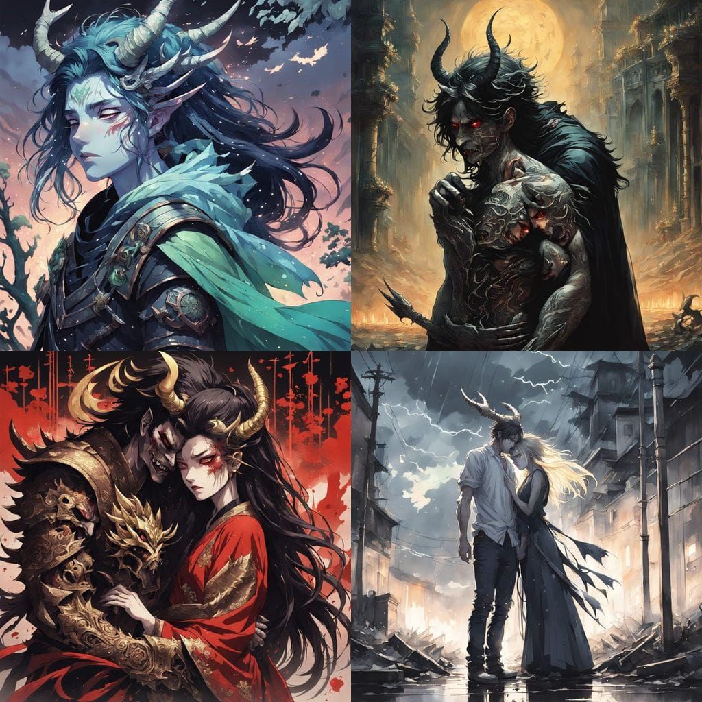 Sorrowful Demon Maiden Cradles Fading Youth - AI Art