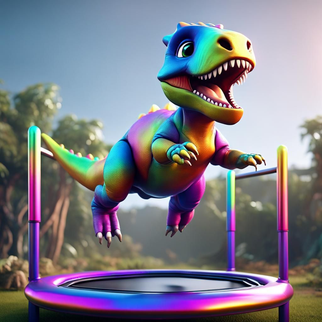 a rainbow-colored baby dinosaur jumping on a trampoline - AI Generated ...