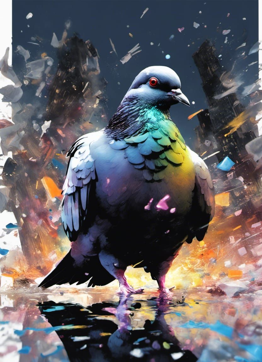 Photograph of an obese city Pigeon with trash shining watery ...