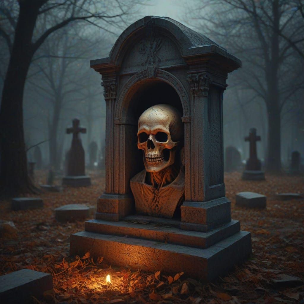 mort vivant qui sort la tete de la tombe dans un cimetière warm colors ...