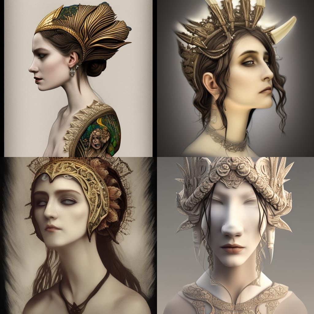 headpiece on woman made of carved white bone, art nouveau, side light ...