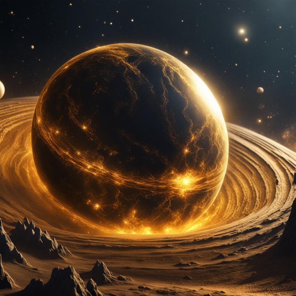 cosmic gold coloured star planet. the planet is surrounded by black ...
