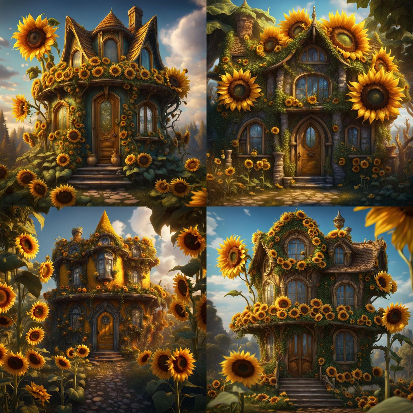 An interpretaion of a sunflower house for fairies, door and windows on ...