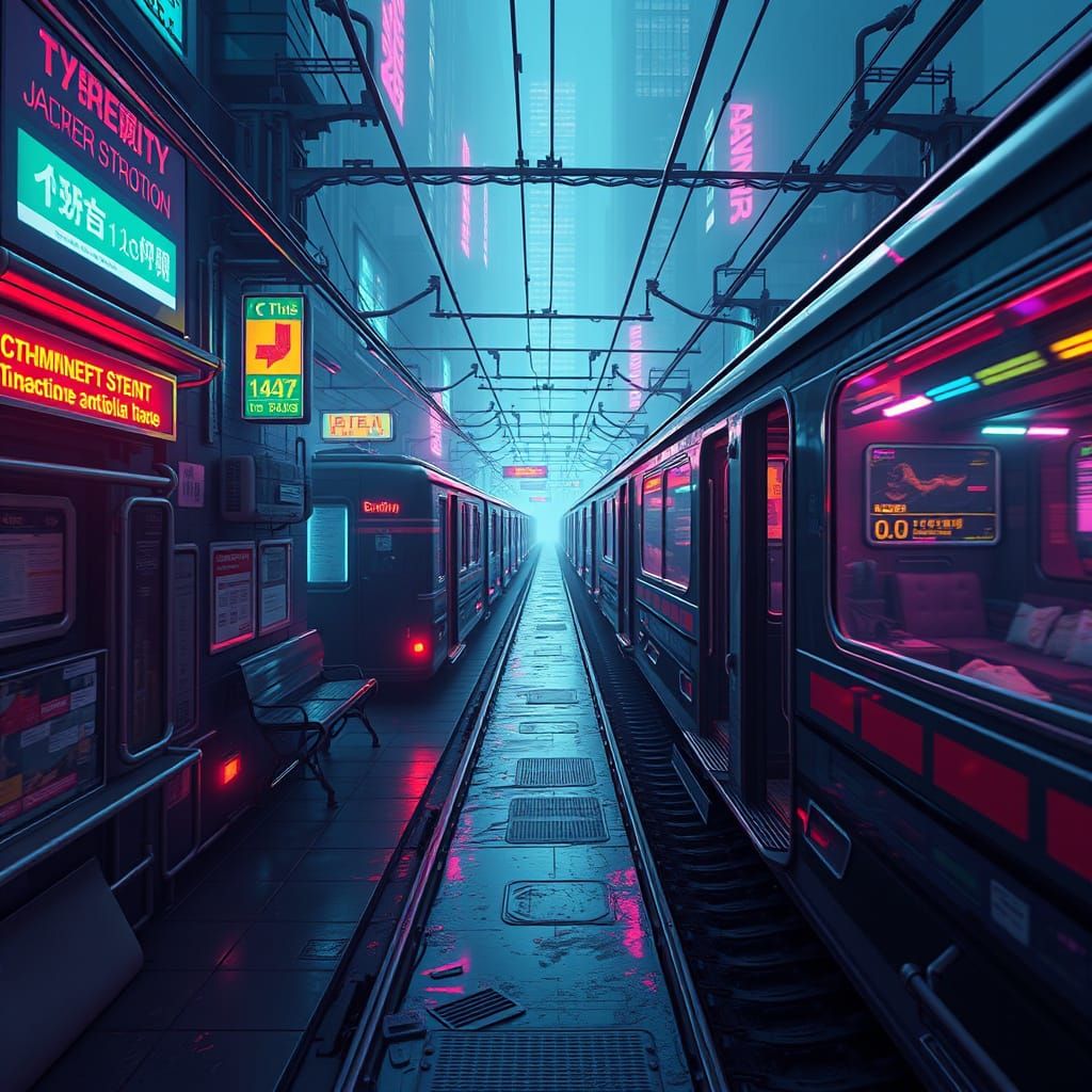 Cyberpunk city train - Cyberpunk Train Unfolds in a Futurist...