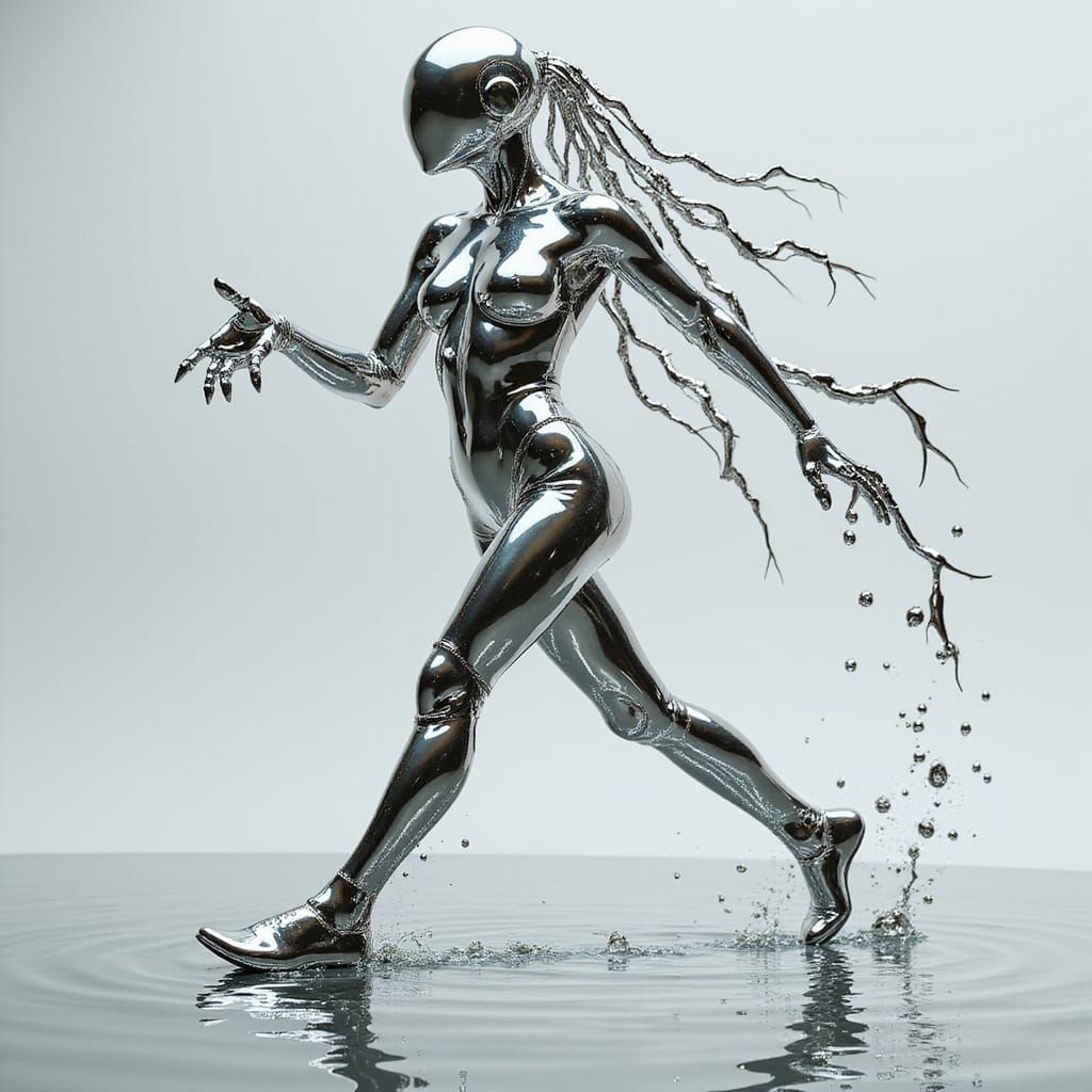 A liquid-metal cyborg mid-stride, her body flowing and reshaping with ...