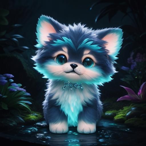 adorable cute chibi baby furry Puppy with a bioluminescent Waterfall in ...