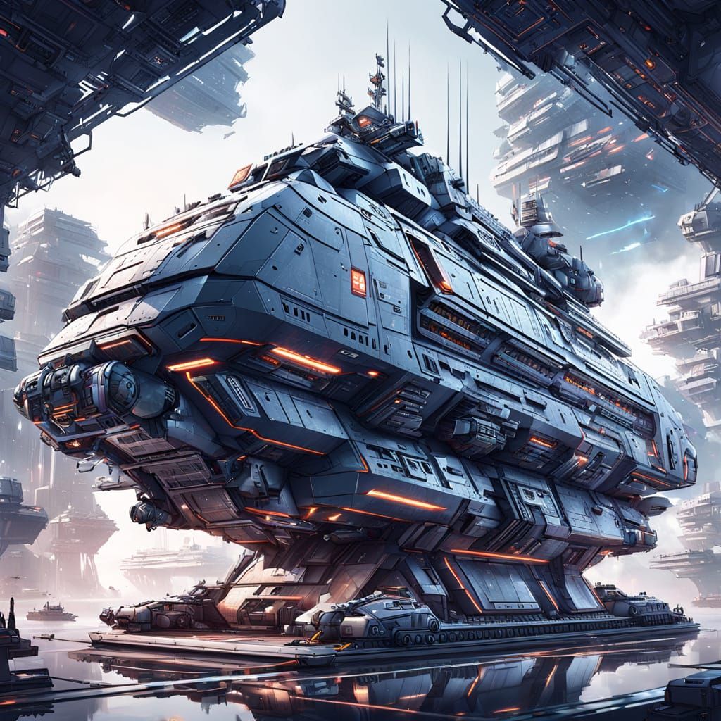 Colossal Futuristic Warship in Cyberpunk Style - AI Art