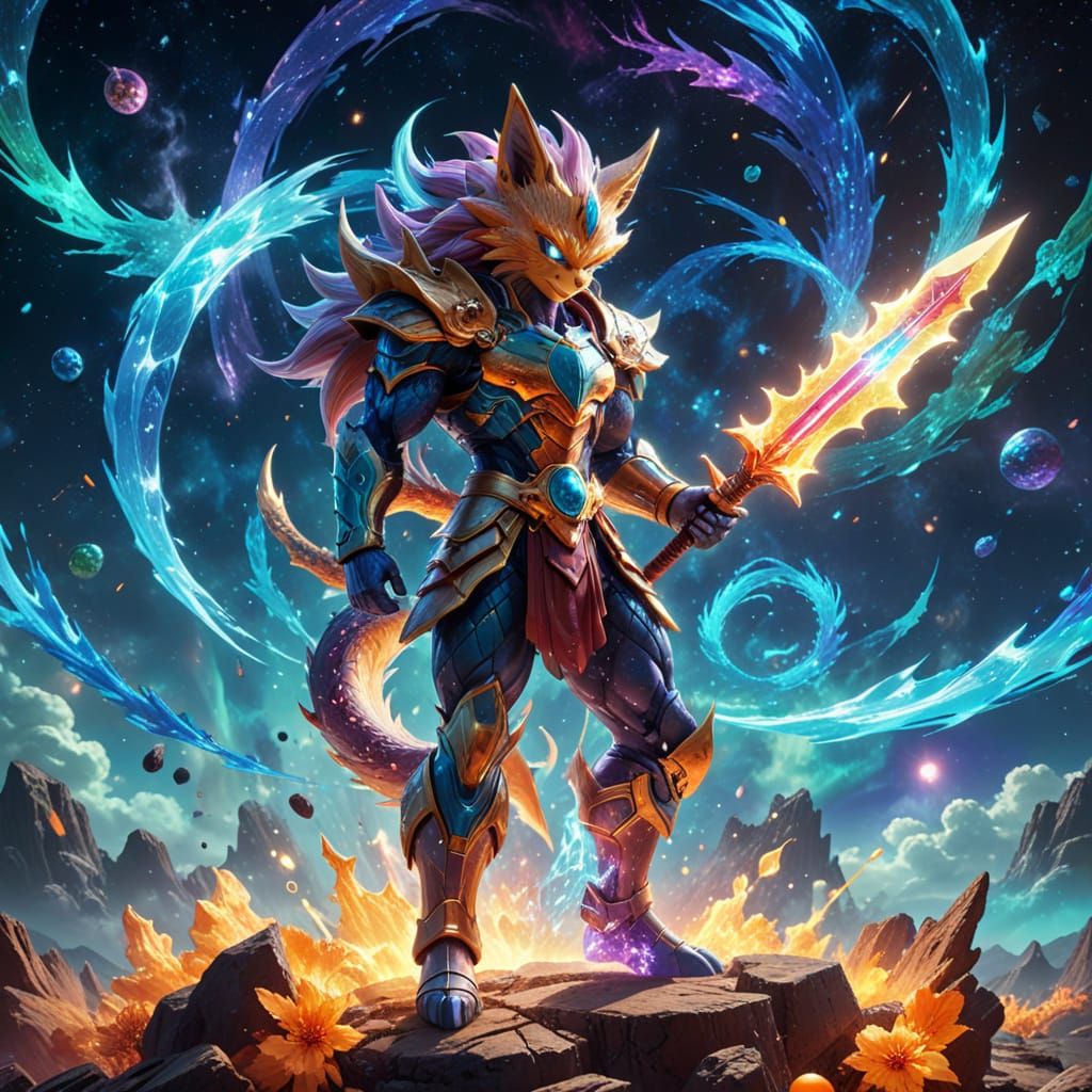 A cosmic-astral fox-dragon hybrid warrior symbolizing the four seasons ...