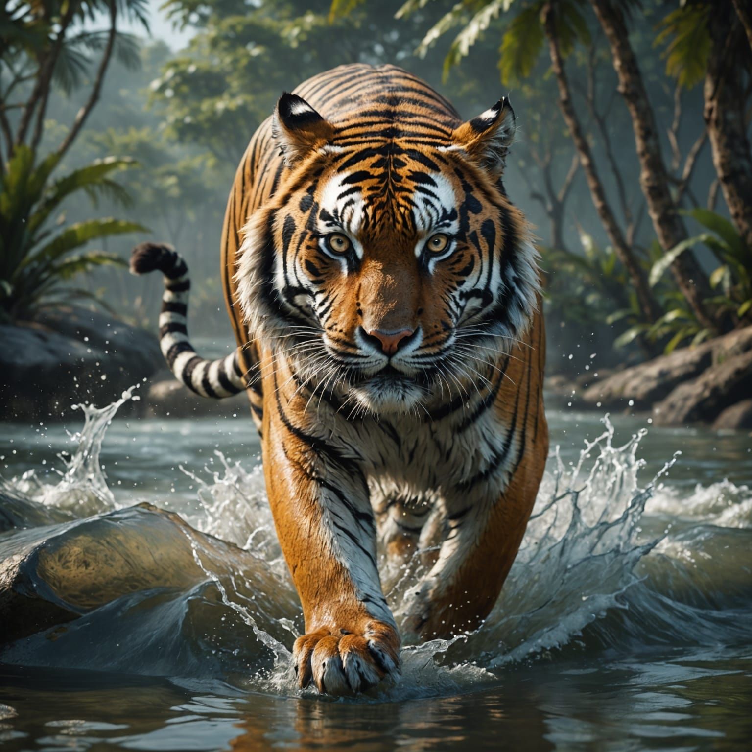 Majestic tiger prowling through shallow water with intense gaze ...