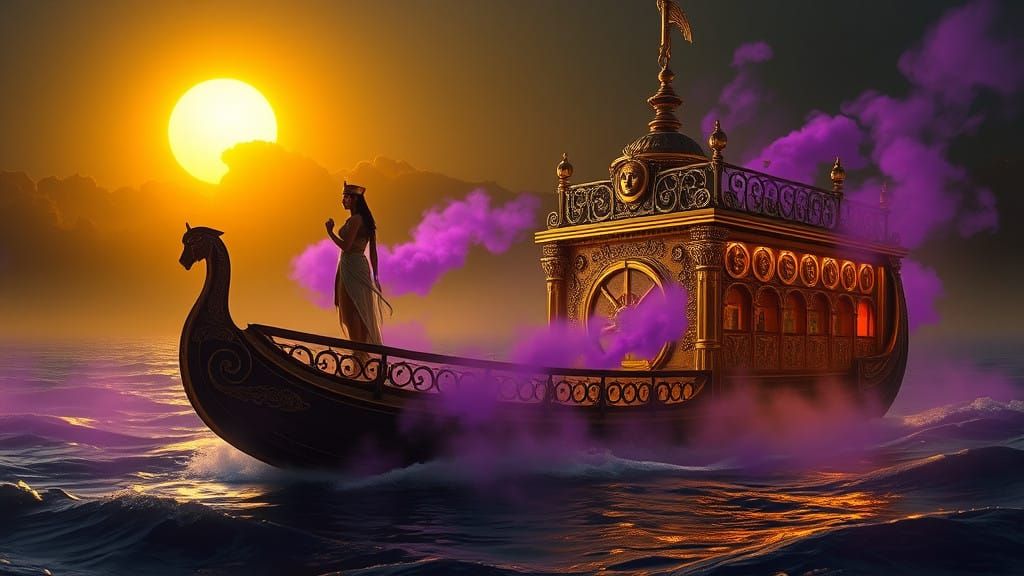 Egyptian Queen Sails into Mystery on Golden Barge ... - AI Art