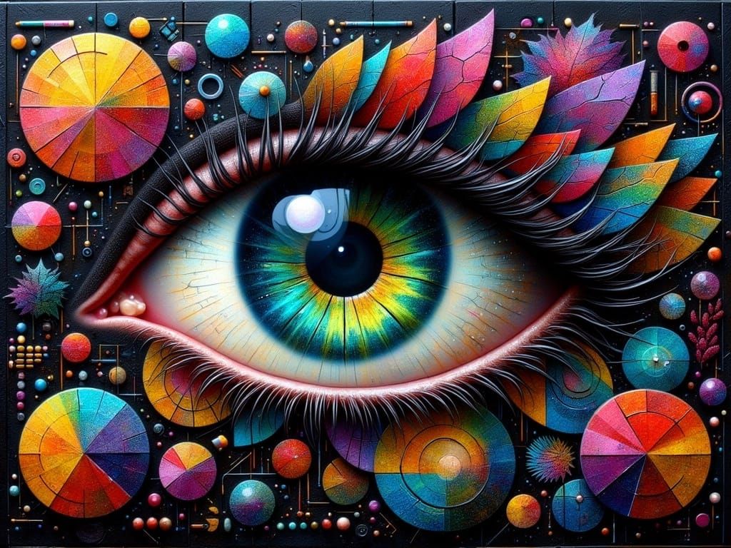 A highly detailed abstract digital artwork featuring a central human ...