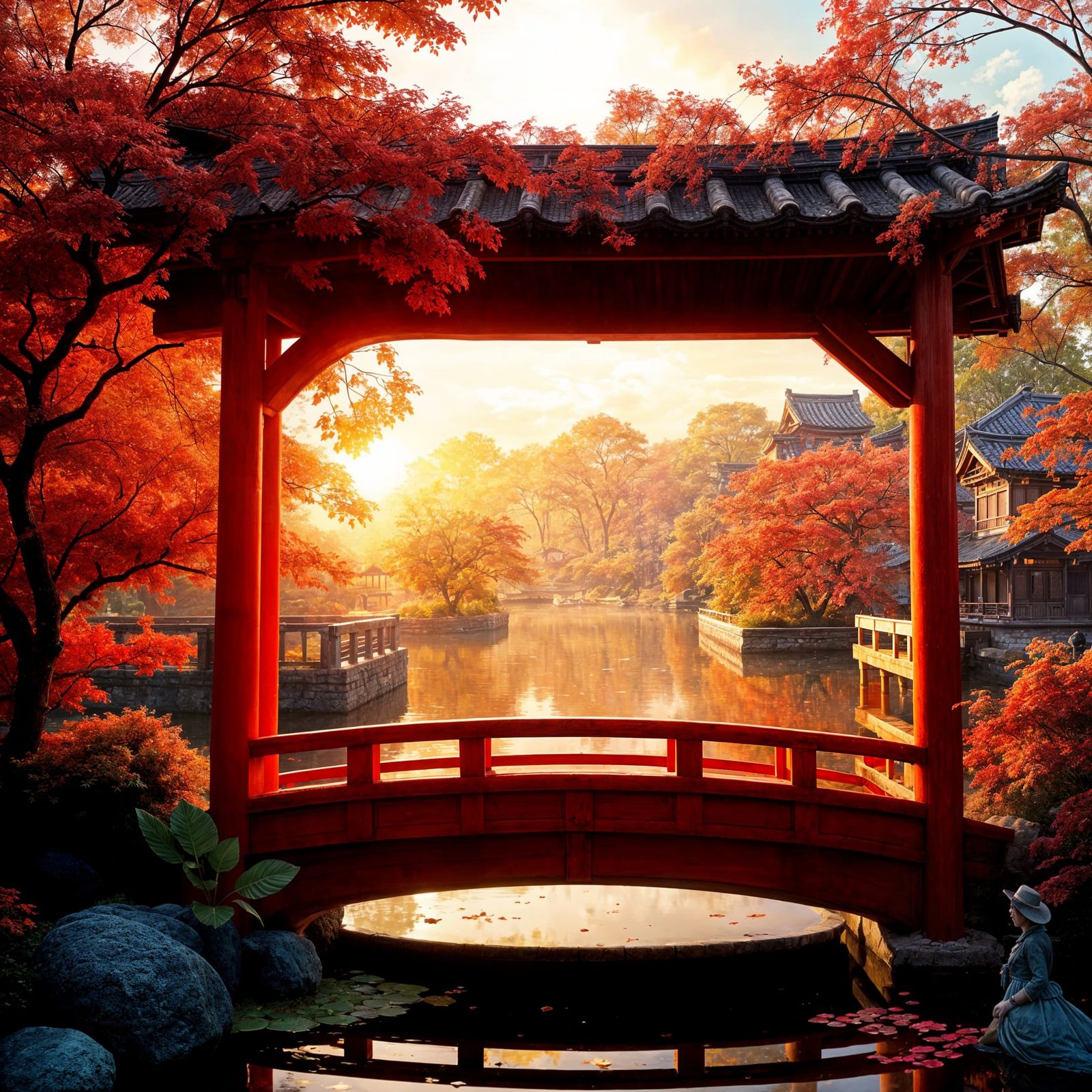 Petit pont rouge dans un jardin japonais.