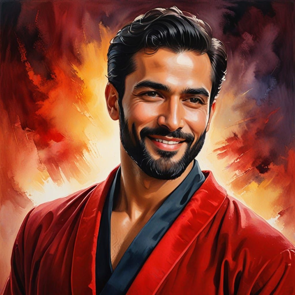 Djihân · A handsome black-bearded man wearing a red velours bathrobe