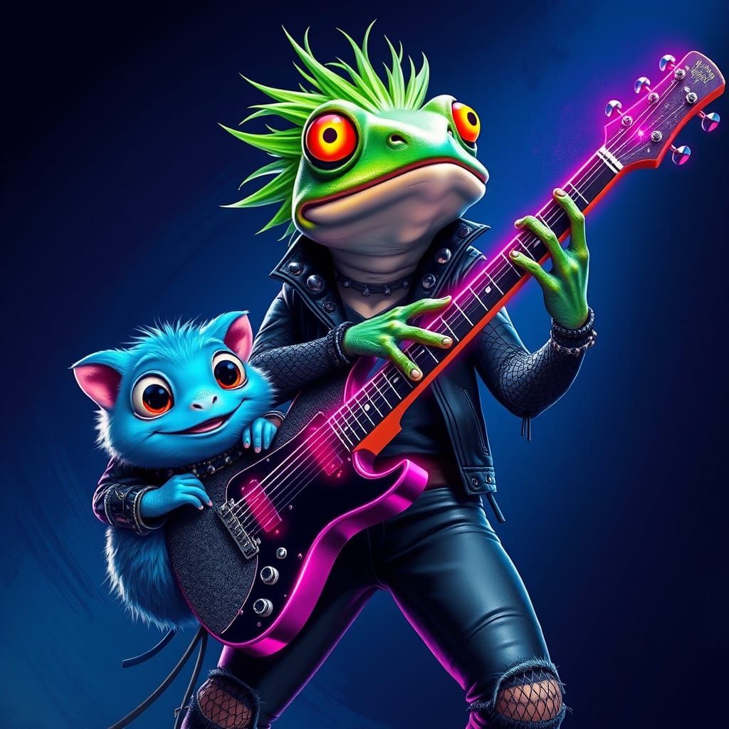 Epic Punk Rock Frog Shredding with Miniature Monst... - AI Art