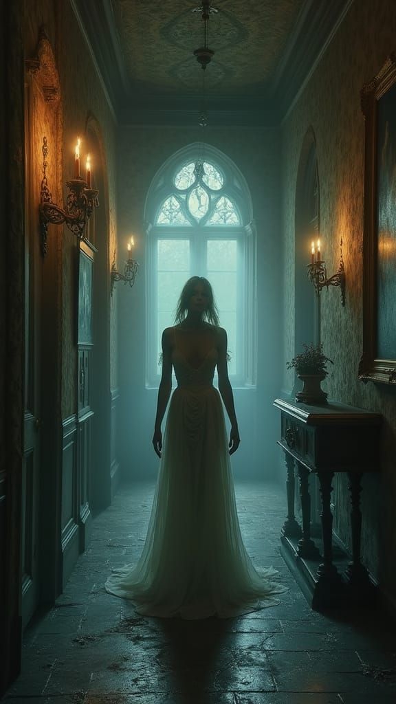 Ethereal Phantom Descends into Macabre Mansion Hal... - AI Art