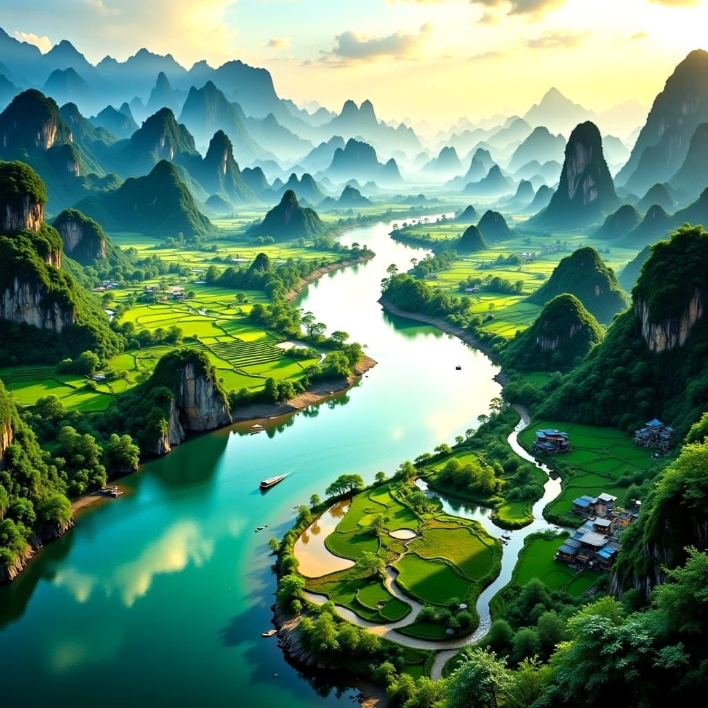 Guilin China's Li River in Hyperrealistic Style - AI Art