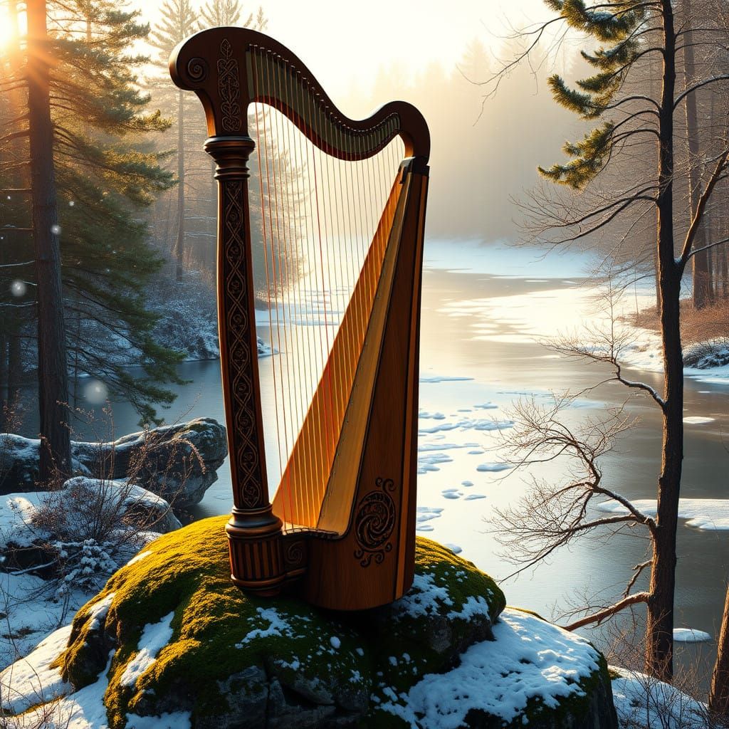 Ethereal Celtic Harp Amidst Winter Pine Forest - AI Art