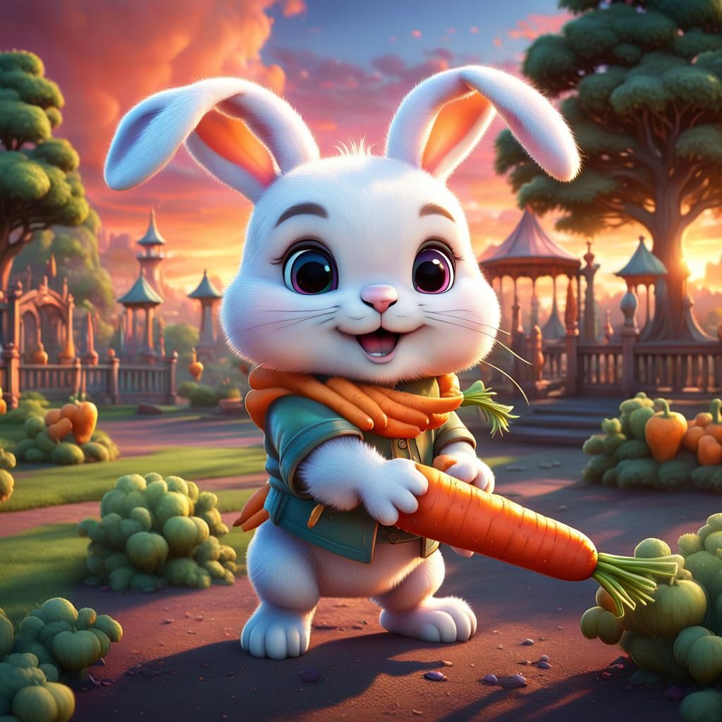 A happy adorable baby chibi bunny using carrots as a fetch stick in a ...