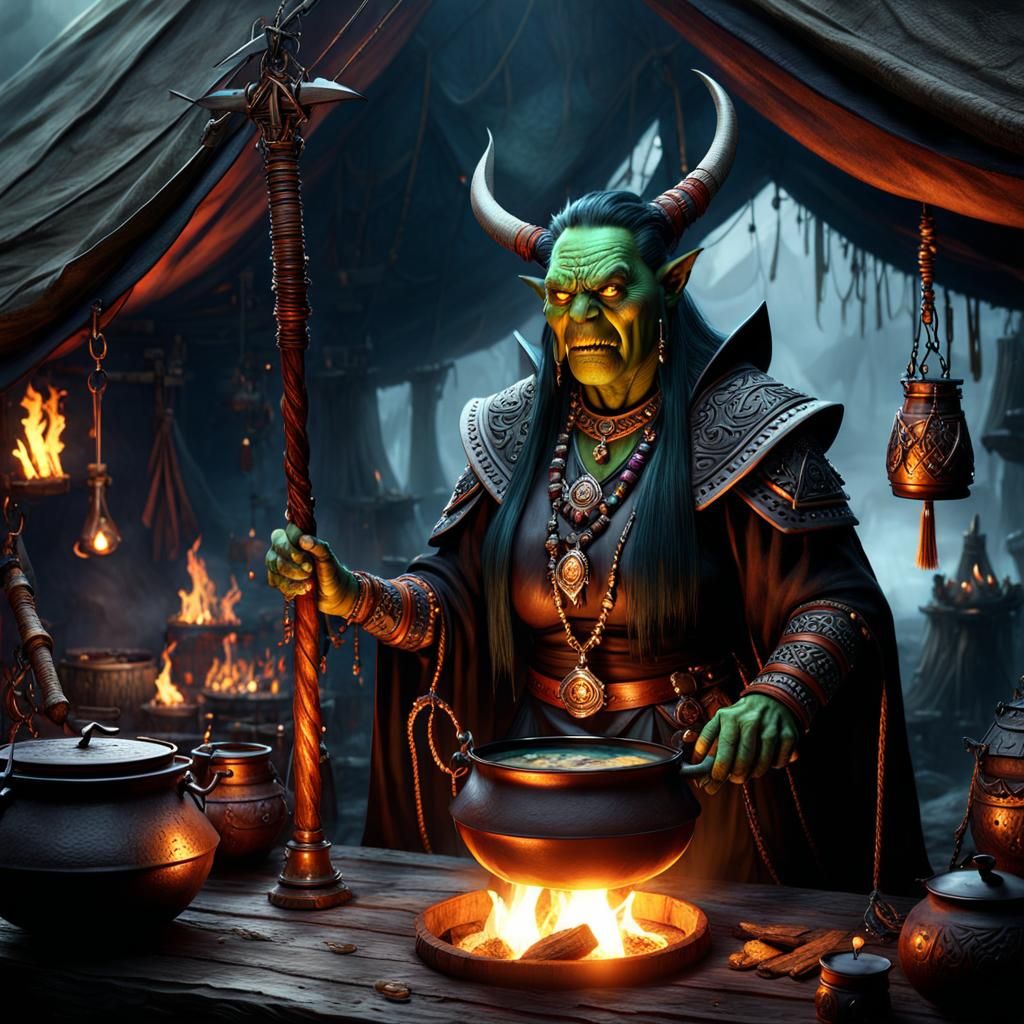 A female Ork-Shaman from dungeons and dragons, It's in a tent with a dark atmosphere. wearing ...