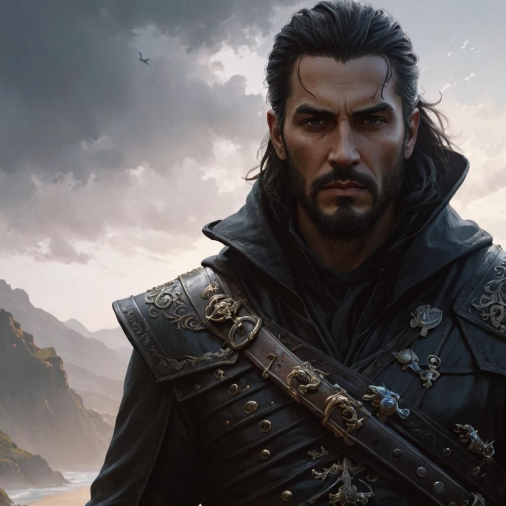 High fantasy epic male dashing pirate wizard, black hooded cloaked ...