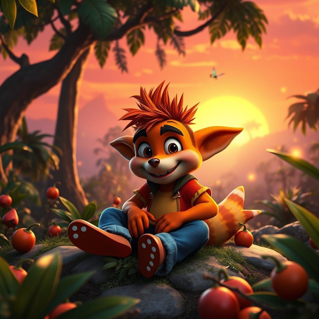 Baby crash Bandicoot - Vibrant Jungle Sunset with Baby Cra...