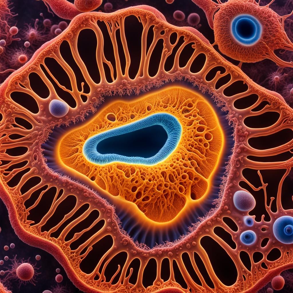 An extremely detailed image of an amoeba as seen through a microscope ...