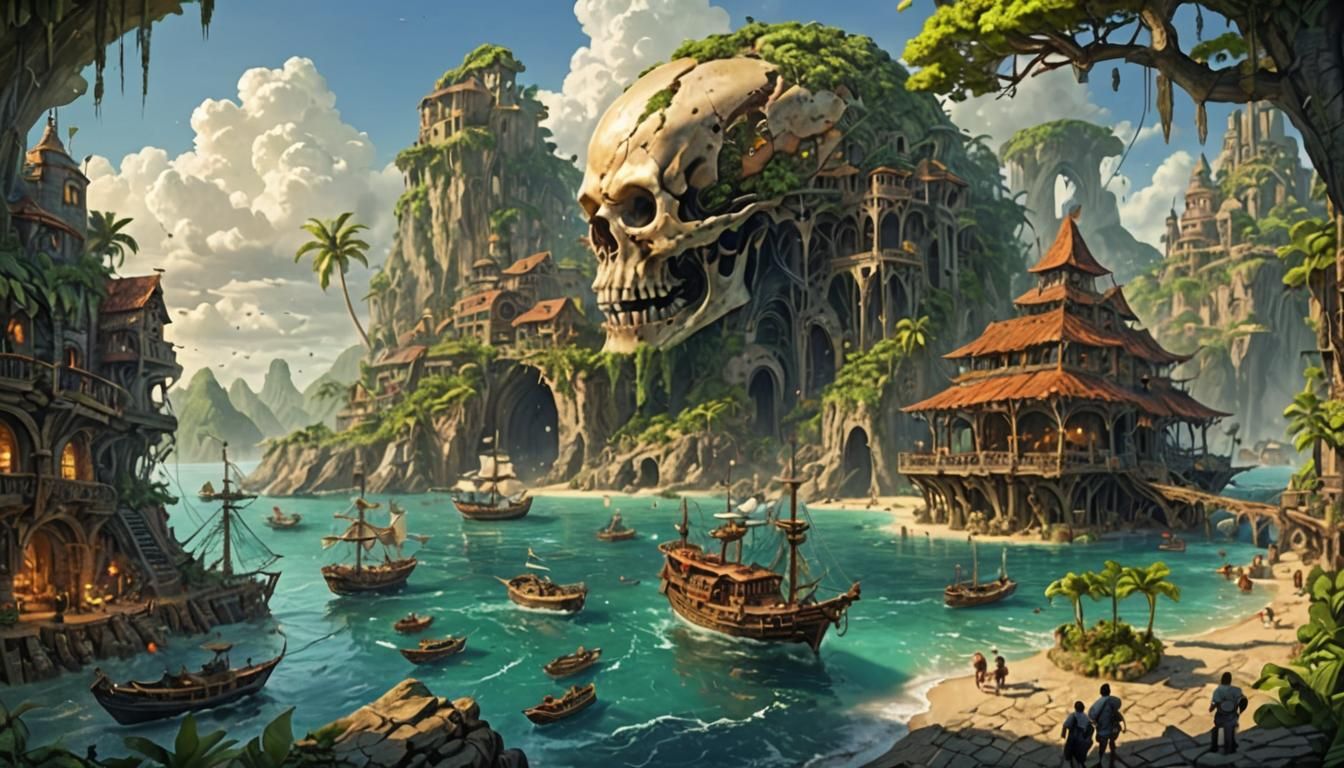A surreal alien tropical pirate hideaway town nestled inside the hollow ...