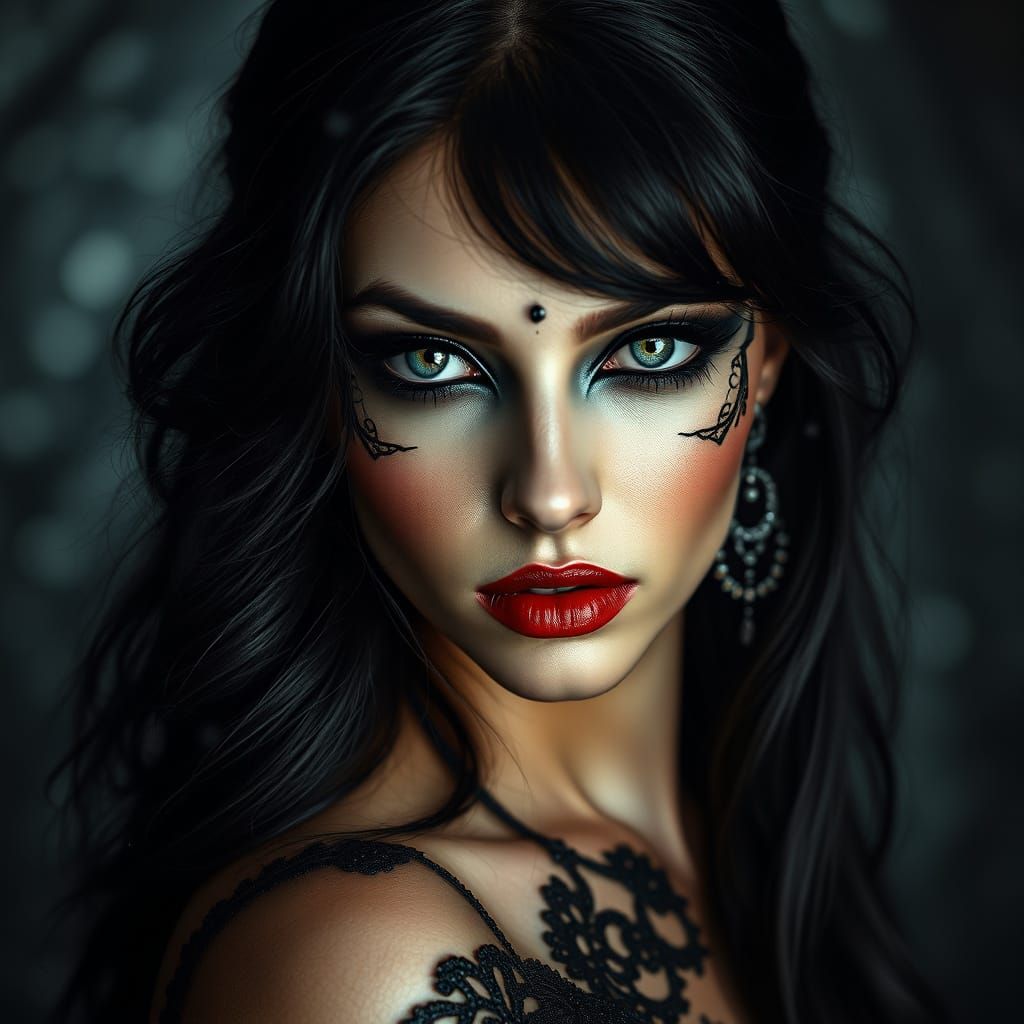 A woman with green eyes, black goth makeup, in the style of realism with fantasy elements, daz3d ...