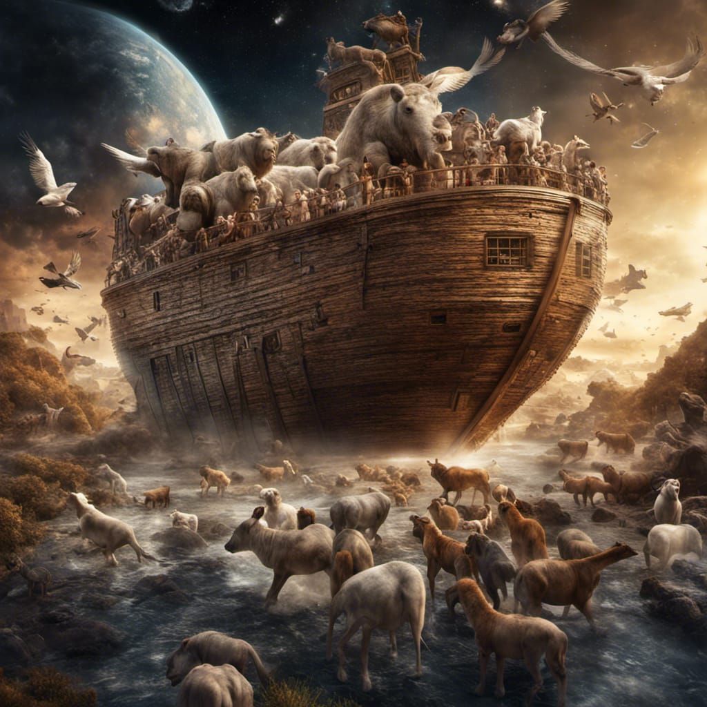 A futuristic Noah's ark soaring through space with the animals from the ...