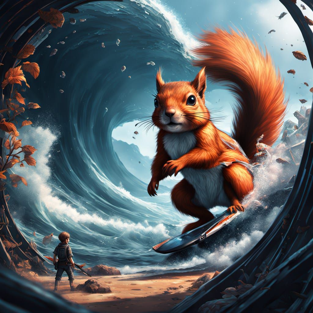 Surreal Squirrel Rides Hyperrealistic Wave in Vibr... - AI Art