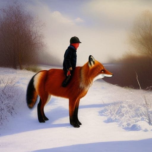 a British boy riding a red fox stallion during winter - AI Generated ...